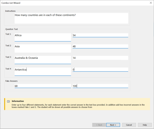 Create question - combo list
