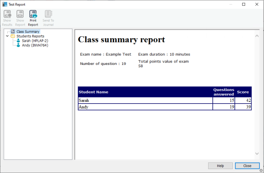 Test Report window