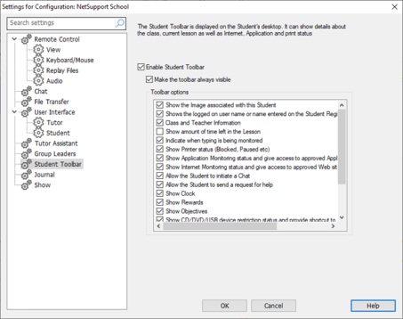 Student Toolbar settings
